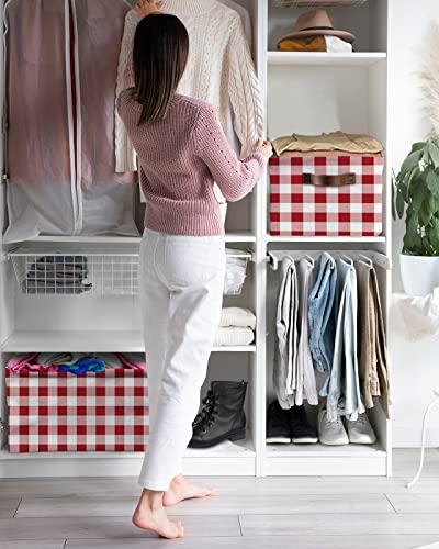 Farmhouse Buffalo Plaid Retro Red Pink White Cube Storage Organizer Bins with Handles, 15x11x9.5 Inch Collapsible Canvas Cloth Fabric Storage Basket, Books Kids' Toys Bin Boxes for Shelves, Closet