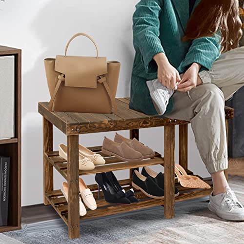 Babion Shoe Storage Bench, 3-Tier Shoe Rack for Entryway, Shoe Rack with Bench, Shoe Bench with Storage Shelf, Shoe Bench,Shoe Stand,Wooden Shoe Rack for Closet, Hallway, Living Room(Brown)