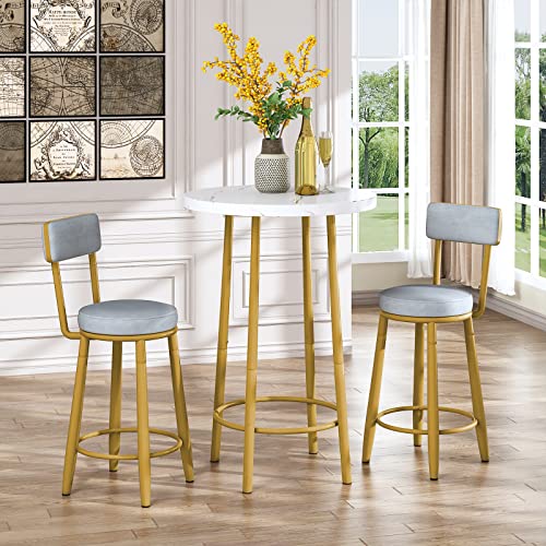 Hooseng Bar Table and Chairs Set, 3-Piece Bistro Pub Dining Table Set, Faux Marble High Top Bar Table and 2 Upholstered Stools w/Backrest, Space Saving Kitchen Table Set for Home to Restaurant, Grey