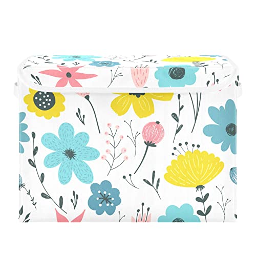 Kigai Storage Basket Cute Flower Storage Boxes with Lids and Handle, Large Storage Cube Bin Collapsible for Shelves Closet Bedroom Living Room, 16.5x12.6x11.8 In