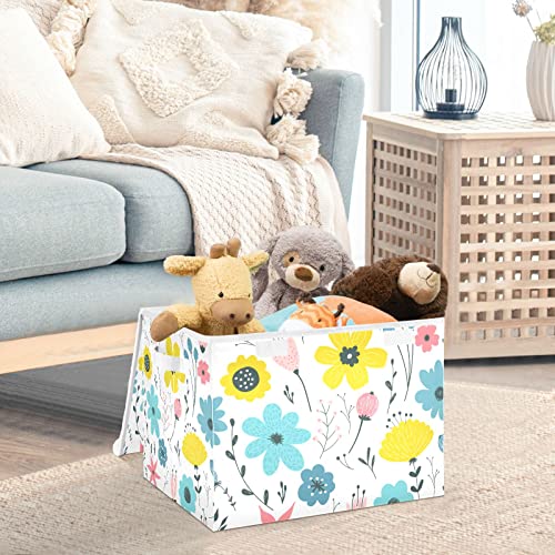 Kigai Storage Basket Cute Flower Storage Boxes with Lids and Handle, Large Storage Cube Bin Collapsible for Shelves Closet Bedroom Living Room, 16.5x12.6x11.8 In