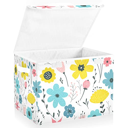 Kigai Storage Basket Cute Flower Storage Boxes with Lids and Handle, Large Storage Cube Bin Collapsible for Shelves Closet Bedroom Living Room, 16.5x12.6x11.8 In