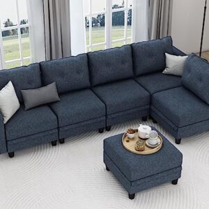 LLappuil Modular Sofa Sectioanl Couch with Storage, Convertible 6 Seater L Shaped Modular Chaise Sofa with Ottoman, Denim Blue