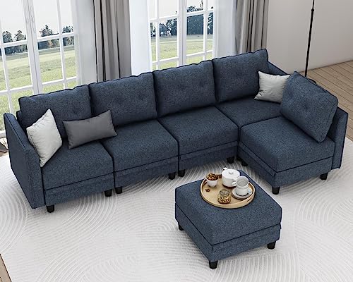 LLappuil Modular Sofa Sectioanl Couch with Storage, Convertible 6 Seater L Shaped Modular Chaise Sofa with Ottoman, Denim Blue