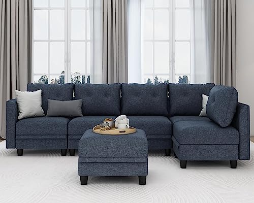 LLappuil Modular Sofa Sectioanl Couch with Storage, Convertible 6 Seater L Shaped Modular Chaise Sofa with Ottoman, Denim Blue