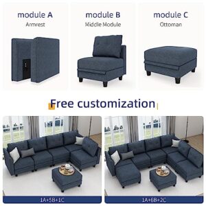 LLappuil Modular Sofa Sectioanl Couch with Storage, Convertible 6 Seater L Shaped Modular Chaise Sofa with Ottoman, Denim Blue