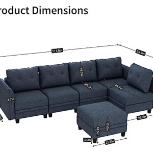 LLappuil Modular Sofa Sectioanl Couch with Storage, Convertible 6 Seater L Shaped Modular Chaise Sofa with Ottoman, Denim Blue