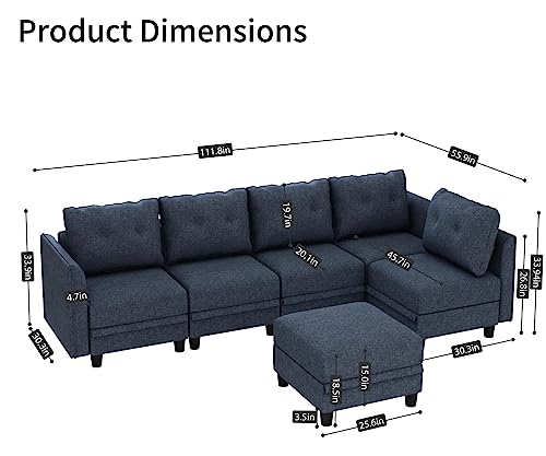 LLappuil Modular Sofa Sectioanl Couch with Storage, Convertible 6 Seater L Shaped Modular Chaise Sofa with Ottoman, Denim Blue