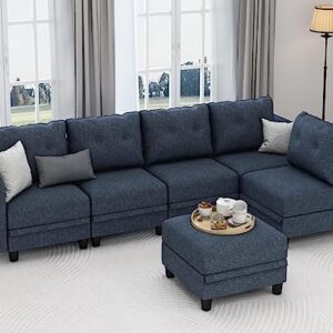 LLappuil Modular Sofa Sectioanl Couch with Storage, Convertible 6 Seater L Shaped Modular Chaise Sofa with Ottoman, Denim Blue