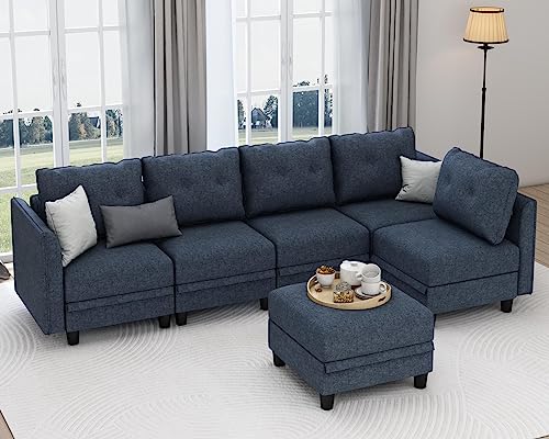 LLappuil Modular Sofa Sectioanl Couch with Storage, Convertible 6 Seater L Shaped Modular Chaise Sofa with Ottoman, Denim Blue