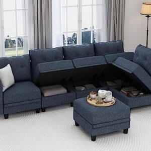 LLappuil Modular Sofa Sectioanl Couch with Storage, Convertible 6 Seater L Shaped Modular Chaise Sofa with Ottoman, Denim Blue