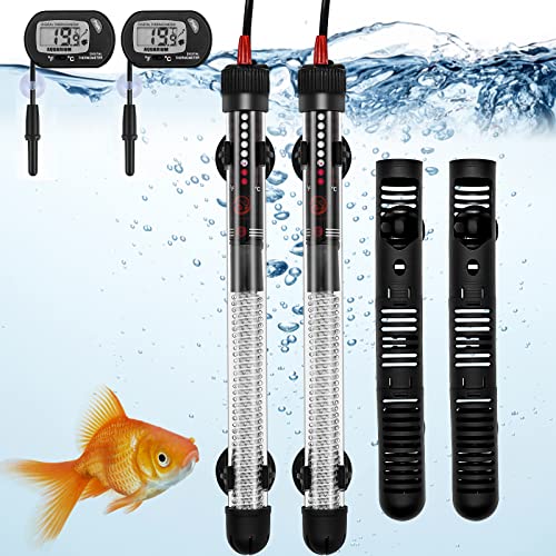 2 Pack 300W Submersible Aquarium Heater, Adjustable Temperature Fish Tank Heater with Thermometer, Protective Case and Suction Cup for 40-90 Gallon Saltwater Freshwater Fish Tank, Turtle Tank