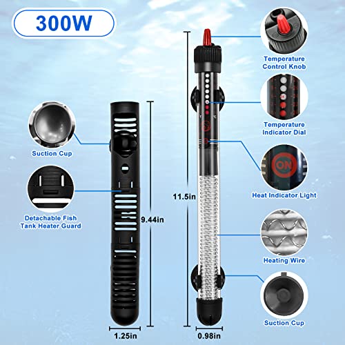 2 Pack 300W Submersible Aquarium Heater, Adjustable Temperature Fish Tank Heater with Thermometer, Protective Case and Suction Cup for 40-90 Gallon Saltwater Freshwater Fish Tank, Turtle Tank