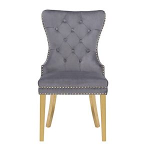 Velvet Upholstered Dining Chairs Set of 2, Modern Dining Room Tufted Chairs, Armless Accent Chair with Wing Back, Back Pull Ring, Nailhead Trim and Gold Legs for Dining Room and Kitchen, Dark Gray