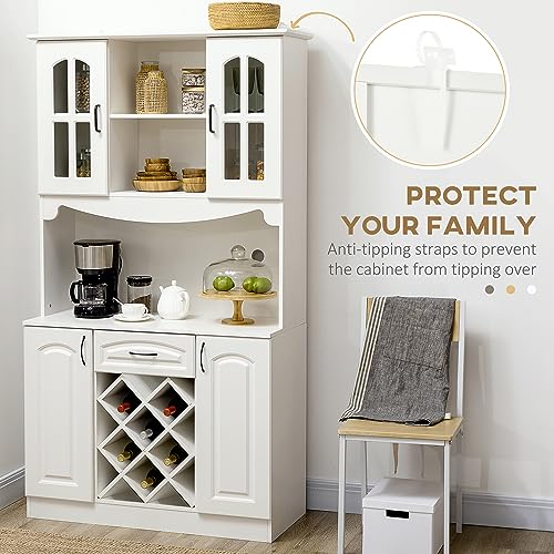 HOMCOM 73" Buffet with Hutch and Microwave Stand, Freestanding Kitchen Pantry Storage Cabinet, Bar Cabinet with 6-Bottle Wine Rack, White