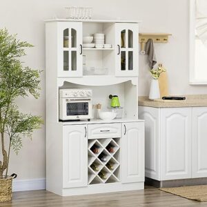 HOMCOM 73" Buffet with Hutch and Microwave Stand, Freestanding Kitchen Pantry Storage Cabinet, Bar Cabinet with 6-Bottle Wine Rack, White