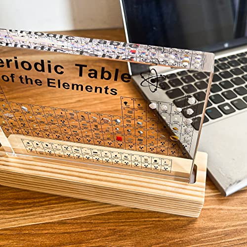 Periodic Table with Real Elements Inside,Rich in Real 83 Chemical Elements,Acrylic Periodic Table,Free Wooden Base,Great Gift for Children and Students,Home School Desk Decor