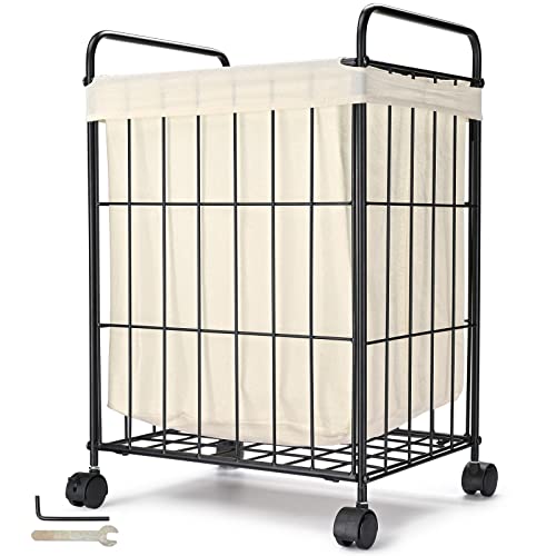 Iron Wire Laundry Hamper With Rolling Lockable Wheels, Folding Laundry Storage Basket with Metal Handles, Detachable Liner Bag Dirty Laundry Hamper Cart Sorter Clothes Basket Organizer