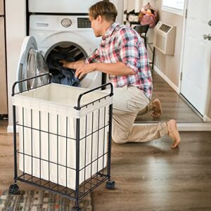 Iron Wire Laundry Hamper With Rolling Lockable Wheels, Folding Laundry Storage Basket with Metal Handles, Detachable Liner Bag Dirty Laundry Hamper Cart Sorter Clothes Basket Organizer