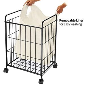 Iron Wire Laundry Hamper With Rolling Lockable Wheels, Folding Laundry Storage Basket with Metal Handles, Detachable Liner Bag Dirty Laundry Hamper Cart Sorter Clothes Basket Organizer