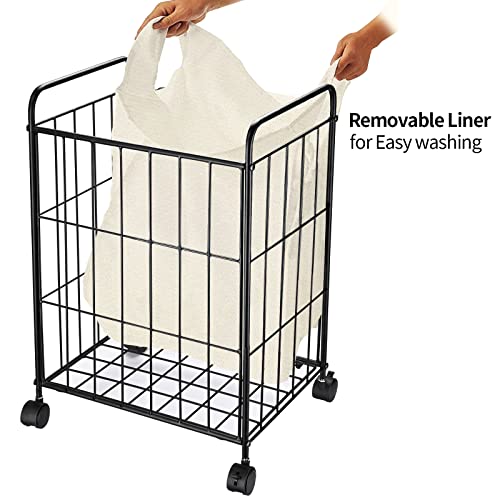 Iron Wire Laundry Hamper With Rolling Lockable Wheels, Folding Laundry Storage Basket with Metal Handles, Detachable Liner Bag Dirty Laundry Hamper Cart Sorter Clothes Basket Organizer