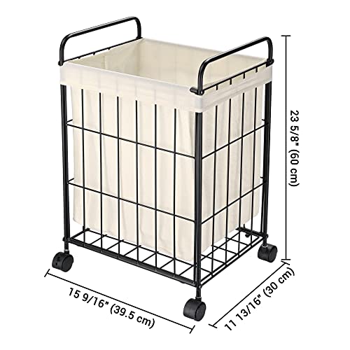 Iron Wire Laundry Hamper With Rolling Lockable Wheels, Folding Laundry Storage Basket with Metal Handles, Detachable Liner Bag Dirty Laundry Hamper Cart Sorter Clothes Basket Organizer