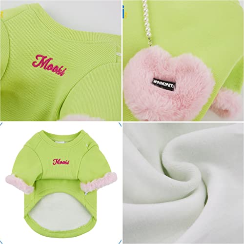 Small Dog Kawaii T-Shirt Hoodie with Heart Shape Plush Bag Soft Pet Puppy Clothes Breathable Cotton Cat Cute Casual Costume for Spring and Autumn (S,Green)