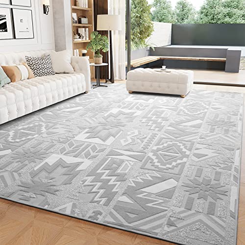 Area Rug 5x7 Feet-Southwestern Moroccan Aztec Tribal Rug Carpet-Boho Rugs for Living Room Bedroom-Machine Washable Non Slip 3D Woven-Neutral Grey