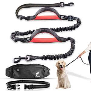 hands free dog leash for medium and large dogs with large zipper pouch - adjustable length 3mm thick double bungee leash, 2 padded handles heavy duty leash (red, 27-38 inches waist)