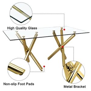 71" Glass Dining Table for 6-8, Large Modern Rectangular Dinner Table with 0.39" Tempered Glass Tabletop and Gold Chrome Metal Legs, Simplistic Kitchen