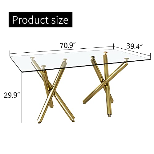 71" Glass Dining Table for 6-8, Large Modern Rectangular Dinner Table with 0.39" Tempered Glass Tabletop and Gold Chrome Metal Legs, Simplistic Kitchen