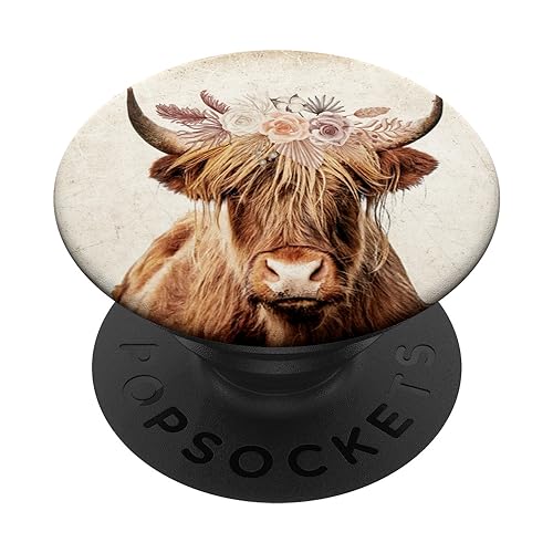 Funny Floral Scottish Highland Cow Art PopSockets Standard PopGrip