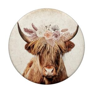 Funny Floral Scottish Highland Cow Art PopSockets Standard PopGrip