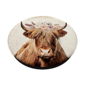 Funny Floral Scottish Highland Cow Art PopSockets Standard PopGrip