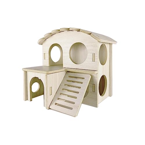 Sirvarni Hamster Hideout Cage Accessories - Hamster House and Habitat Wooden Hide Hut with Climbing Ladder and Platform for Dwarf Gerbils and Mouse Mice Rat Other Small Animals etc.