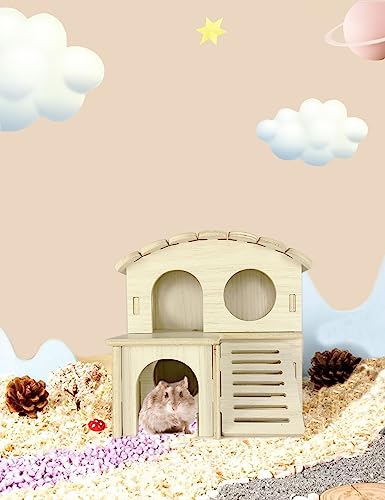 Sirvarni Hamster Hideout Cage Accessories - Hamster House and Habitat Wooden Hide Hut with Climbing Ladder and Platform for Dwarf Gerbils and Mouse Mice Rat Other Small Animals etc.