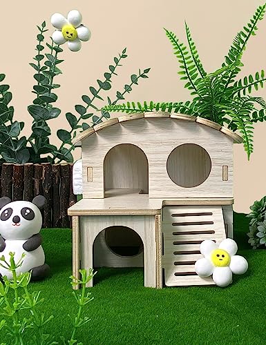 Sirvarni Hamster Hideout Cage Accessories - Hamster House and Habitat Wooden Hide Hut with Climbing Ladder and Platform for Dwarf Gerbils and Mouse Mice Rat Other Small Animals etc.