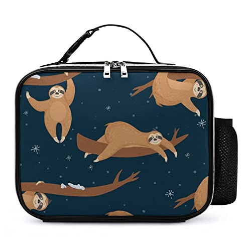 Sloth Play in Winter Printed Lunch Box Insulated Leakproof Cooler Tote Bag Reusable for Travel Work Picnic