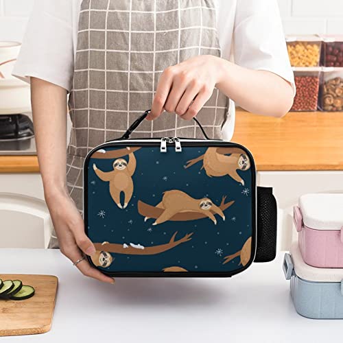 Sloth Play in Winter Printed Lunch Box Insulated Leakproof Cooler Tote Bag Reusable for Travel Work Picnic