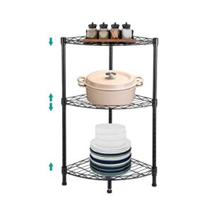 3 tier corner wire shelving unit, adjustable wire rack shelving, metal wire storage shelves for kitchen, pantry, laundry, bathroom, closet (13.8" d x 13.8" w x 31.5" h, black)