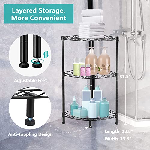 3 Tier Corner Wire Shelving Unit, Adjustable Wire Rack Shelving, Metal Wire Storage Shelves for Kitchen, Pantry, Laundry, Bathroom, Closet (13.8" D x 13.8" W x 31.5" H, Black)