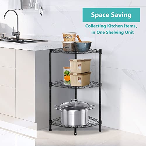 3 Tier Corner Wire Shelving Unit, Adjustable Wire Rack Shelving, Metal Wire Storage Shelves for Kitchen, Pantry, Laundry, Bathroom, Closet (13.8" D x 13.8" W x 31.5" H, Black)