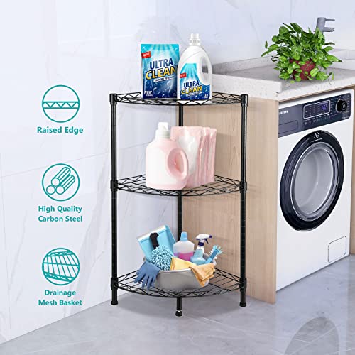 3 Tier Corner Wire Shelving Unit, Adjustable Wire Rack Shelving, Metal Wire Storage Shelves for Kitchen, Pantry, Laundry, Bathroom, Closet (13.8" D x 13.8" W x 31.5" H, Black)