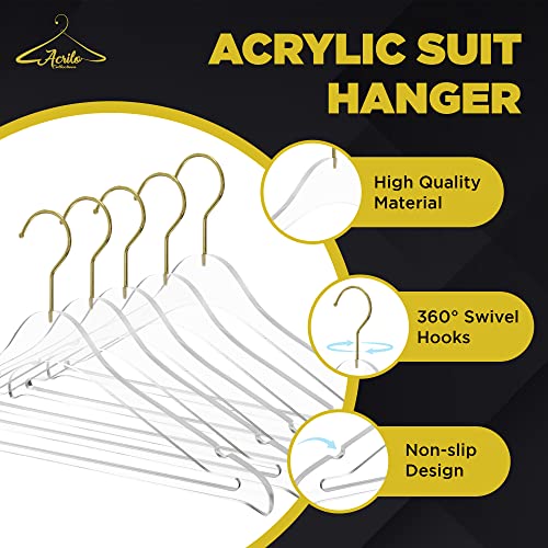 Acrylic Clear Suit Hangers, high-end Quality Clothes Hangers with Non Slip Pants bar Gold Swivel Hook for Luxurious Closets (Gold Suit 5 Pack)