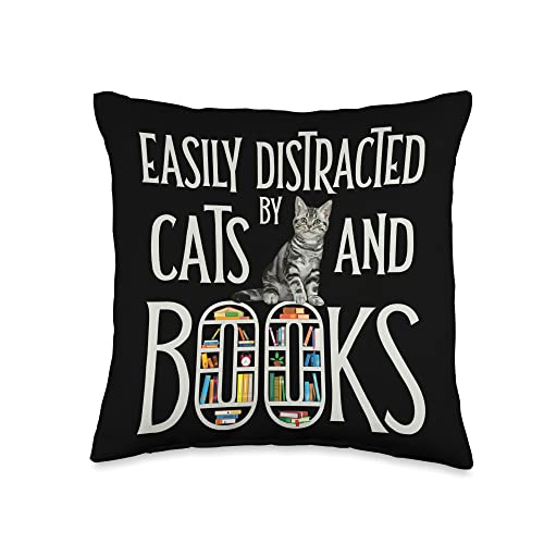 Cool Gifts for Book Lovers and Funny Cats Outfit. Funny Cat Shirts Easily Distracted by Cats & Books Lover Throw Pillow, 16x16, Multicolor