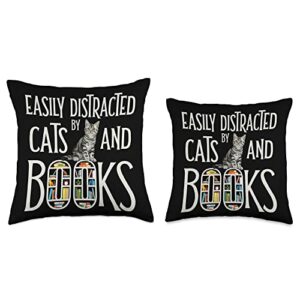 Cool Gifts for Book Lovers and Funny Cats Outfit. Funny Cat Shirts Easily Distracted by Cats & Books Lover Throw Pillow, 16x16, Multicolor