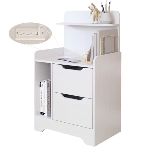 hosote White Nightstand with Charging Station USB Port, Night Stand with Drawers Open Storage and Shelf, Bedside Table for Bedroom Side Table End Table Sofa Table for Living Room