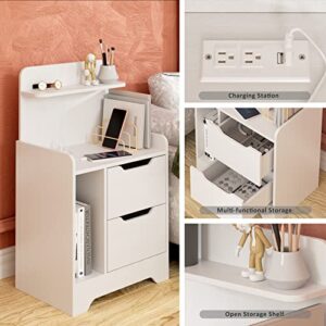 hosote White Nightstand with Charging Station USB Port, Night Stand with Drawers Open Storage and Shelf, Bedside Table for Bedroom Side Table End Table Sofa Table for Living Room