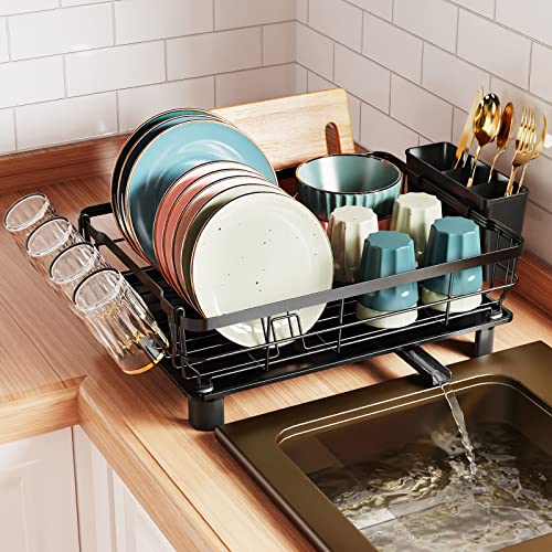 GSlife Dish Drying Rack with Drainboard - Dish Racks for Kitchen Counter with 12 Plate Slot and Cup Holder, Dish Rack with Cutting Board Holder and Higher Tray Feet, Utensil Holder with Spout, Black