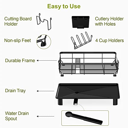 GSlife Dish Drying Rack with Drainboard - Dish Racks for Kitchen Counter with 12 Plate Slot and Cup Holder, Dish Rack with Cutting Board Holder and Higher Tray Feet, Utensil Holder with Spout, Black